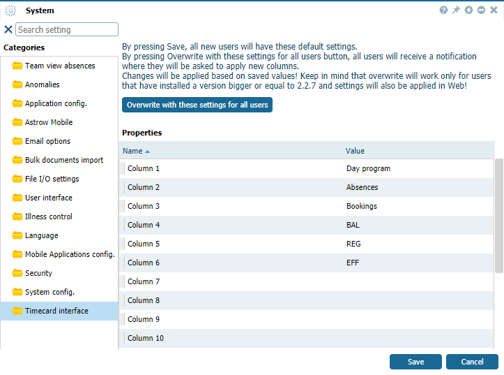 Tab Timecard interface