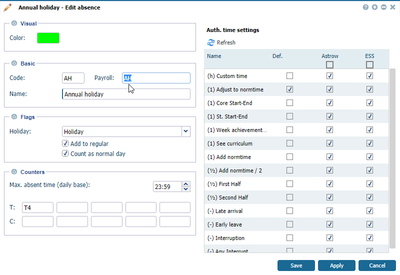 Settings for the Counters and Absences Export Displayed in Reports